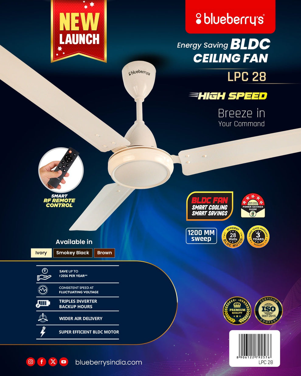 Blueberry's 1200mm BLDC Ceiling Fan with Remote Control, BEE 5-Star Ra